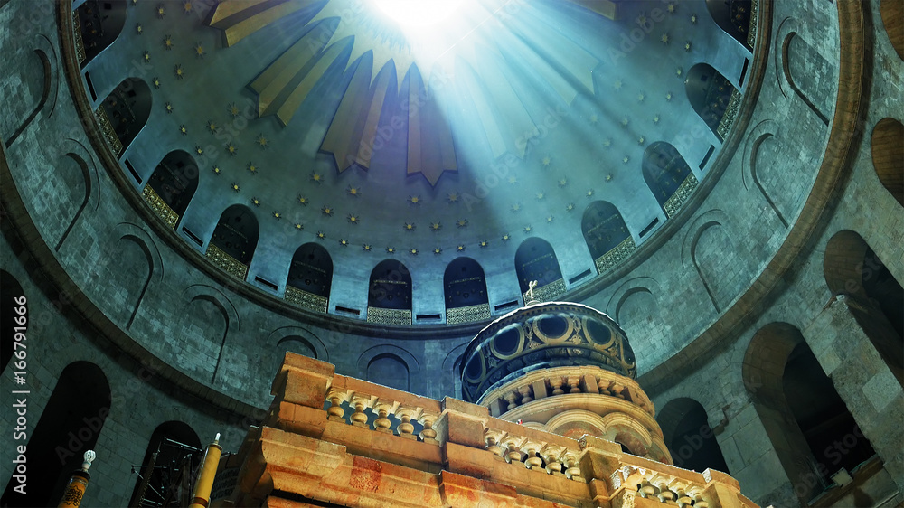 Jesus Christ Empty tomb and Dome rotunda over it in Jerusalem in the Holy Sepulcher Church. The ...