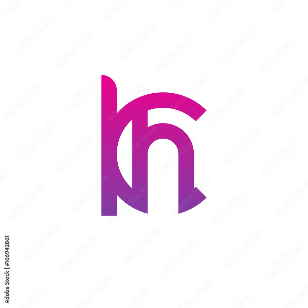 Initial letter kh, hk, h inside k, linked line circle shape logo, purple pink gradient color ...
