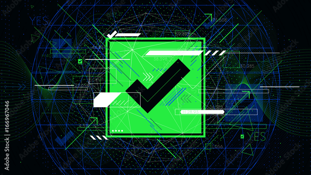 Tech futuristic green check mark symbols OK, indicator sci-fi vector ...