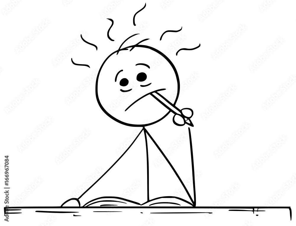 Cartoon Illustration of Man Thinking Hard With Pencil in his Mouth ...