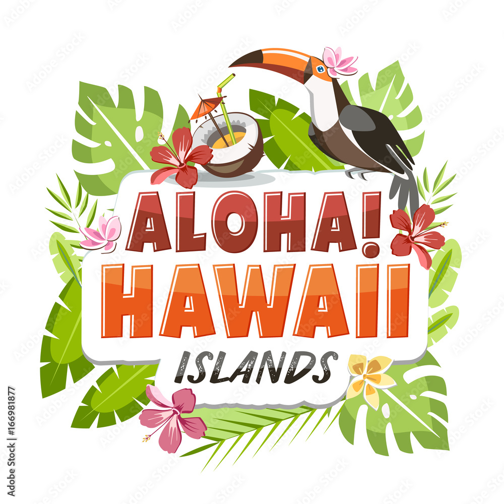 Aloha Hawaii sticker header lettering with toucan and tropical leaves ...
