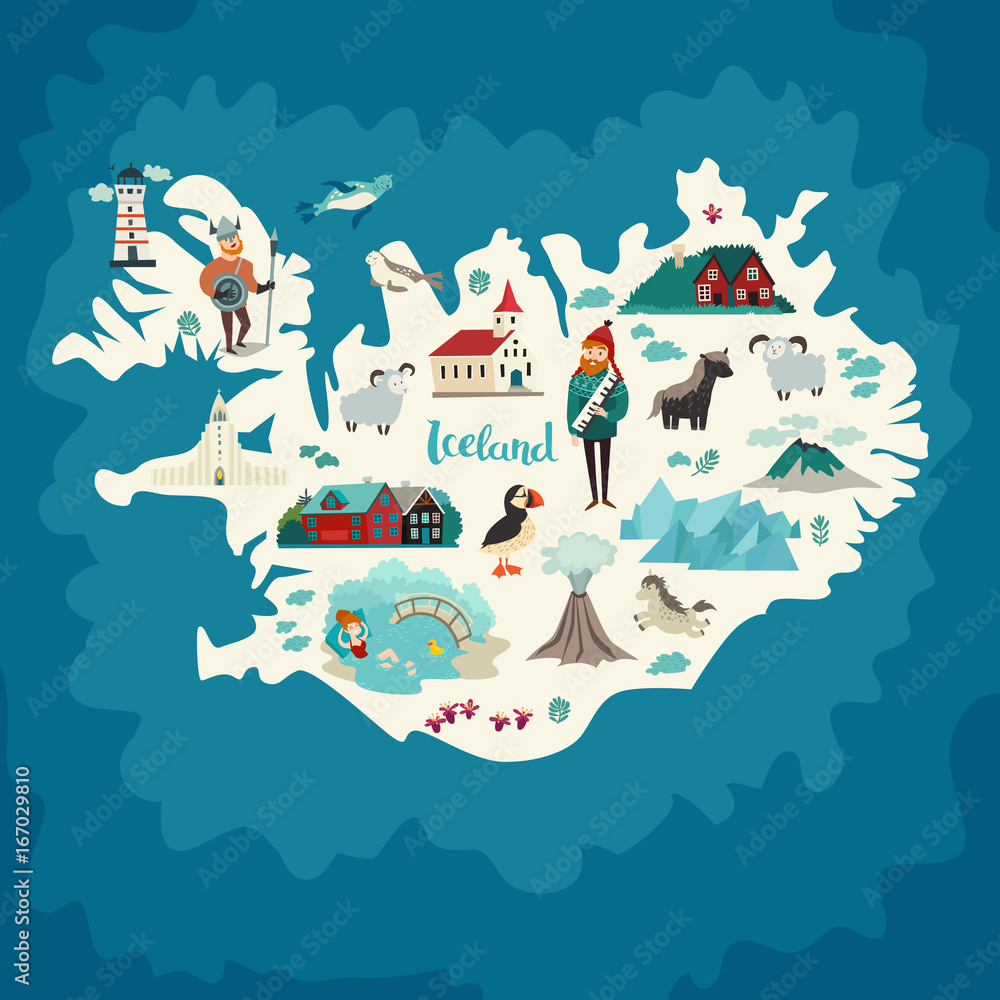 Iceland map landmarks. Handdrawn vector illustration. Landmark of ...