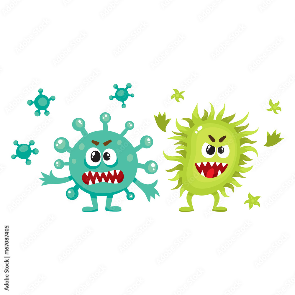 Couple of virus, germ, bacteria characters with human faces and sharp ...