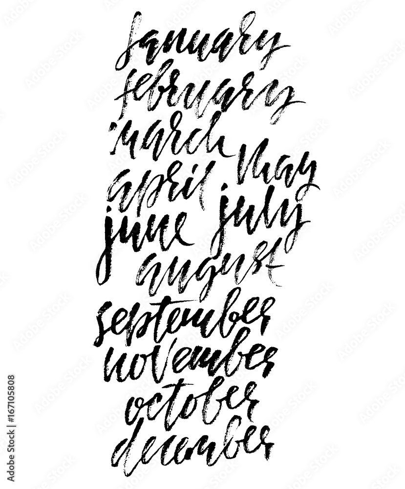 Hand drawn set of months. Modern dry brush lettering. Names of the ...