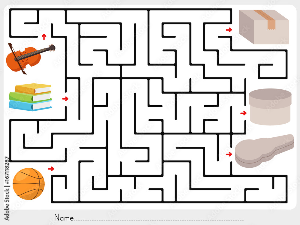 Maze game: Pick violin, books and ball to box - worksheet for education ...