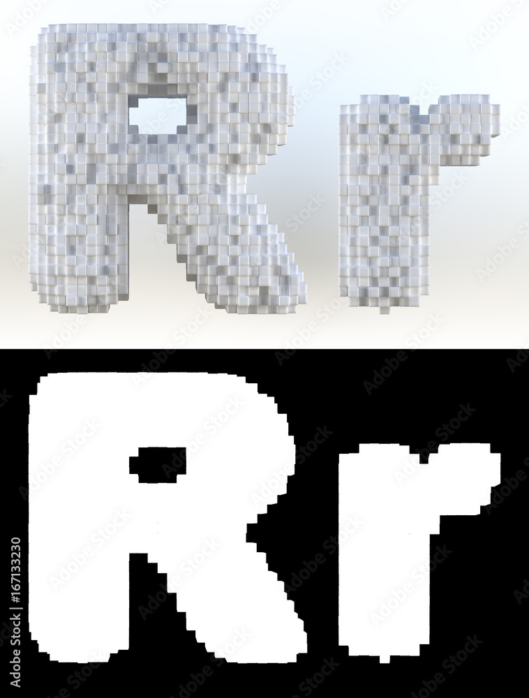 3D Rendering, White volumetric pixel alphabet with alpha mask. An array ...