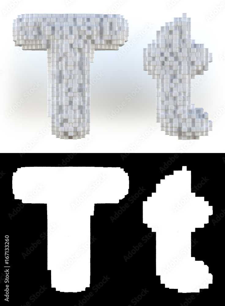 3D Rendering, White volumetric pixel alphabet with alpha mask. An array ...