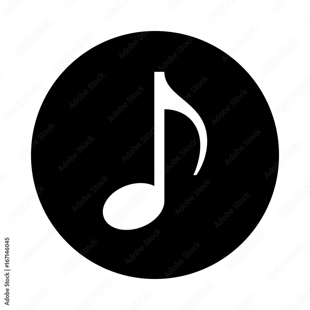 Music note circle icon. Black, round, minimalist icon isolated on white ...