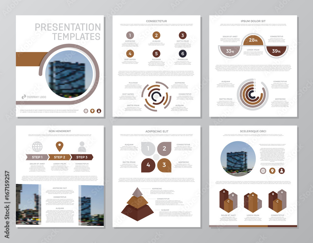 Set of brown elements for multipurpose a4 presentation template slides ...