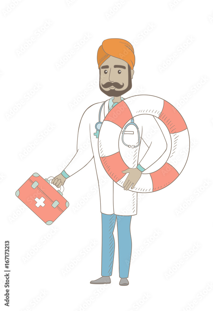 Young indian paramedic holding first aid box and lifebuoy. Smiling ...