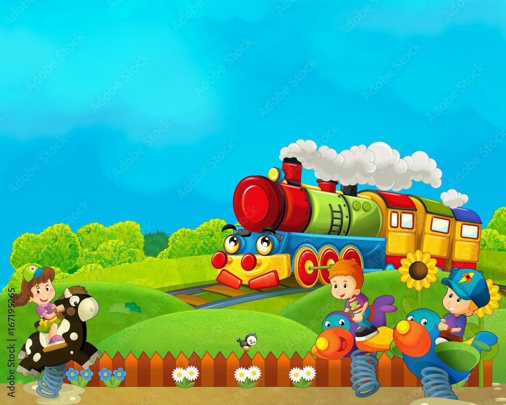 Cartoon train scene with happy kids having fun on the playground ...