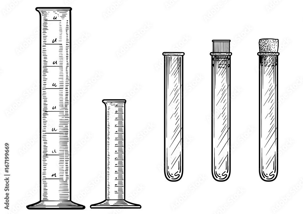 Measuring cylinder and tube illustration, drawing, engraving, ink, line ...
