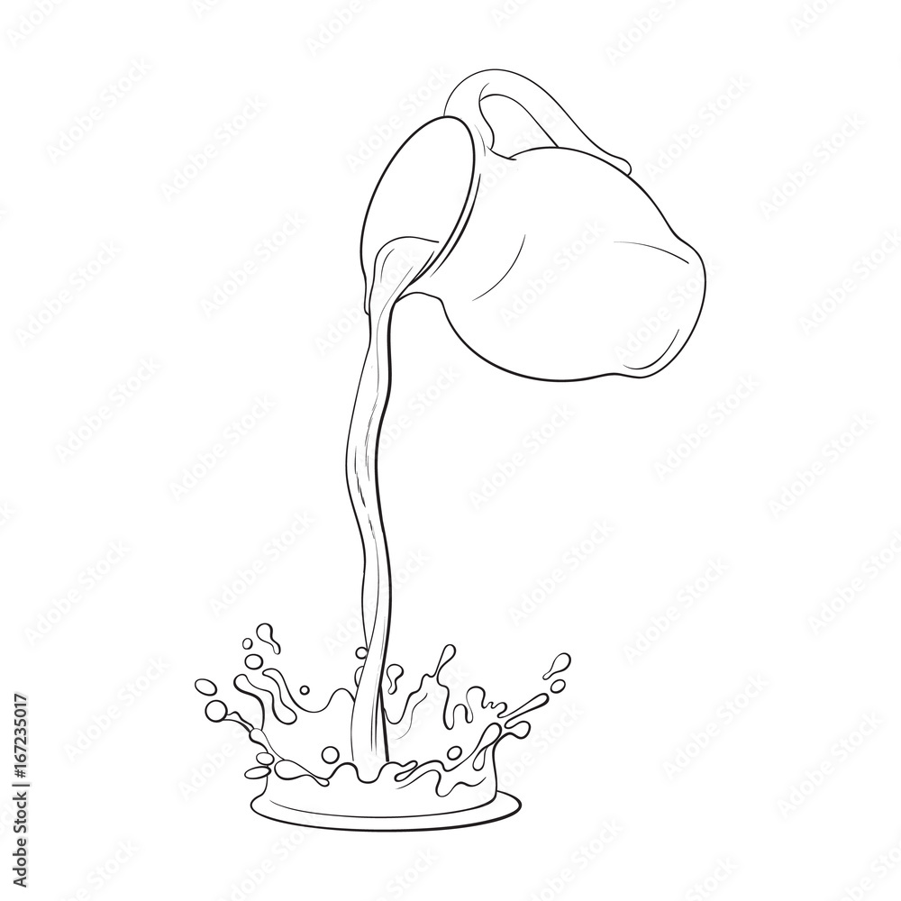 Drawing of liquid, drink pouring from jar, making a splash, sketch vector illustration isolated ...
