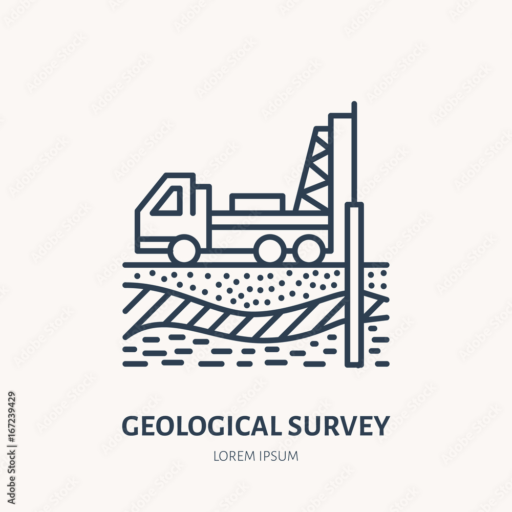 Geological survey, engineering vector flat line icon. Geodesy equipment ...