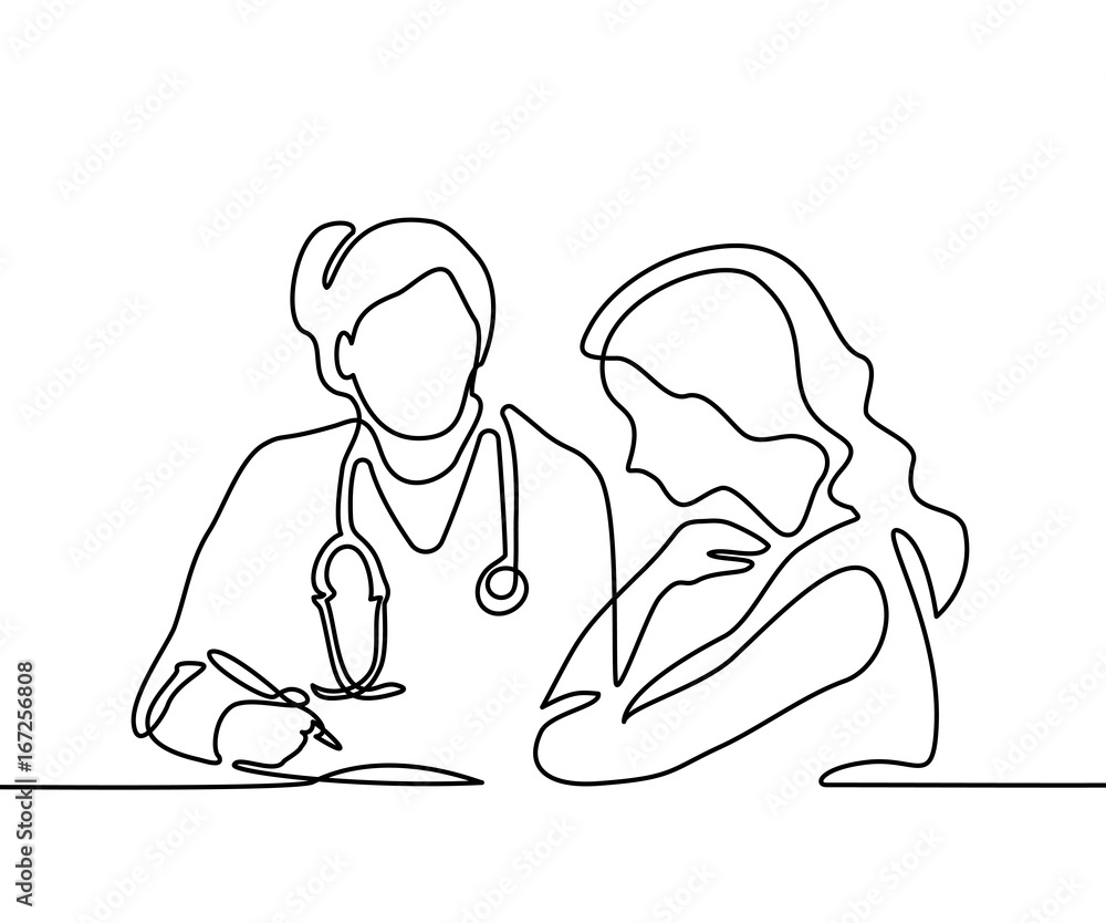Doctor with stethoscope treat patient woman. Continuous line drawing ...