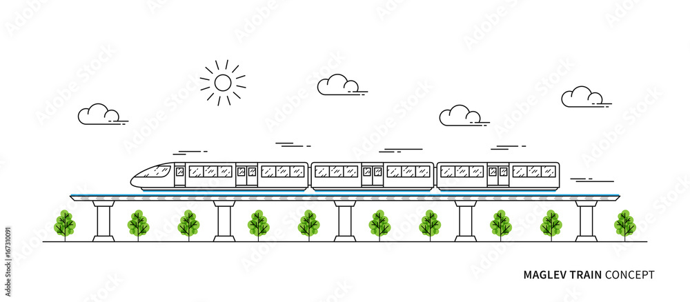 Maglev rail train vector illustration. Electric fast train line art ...