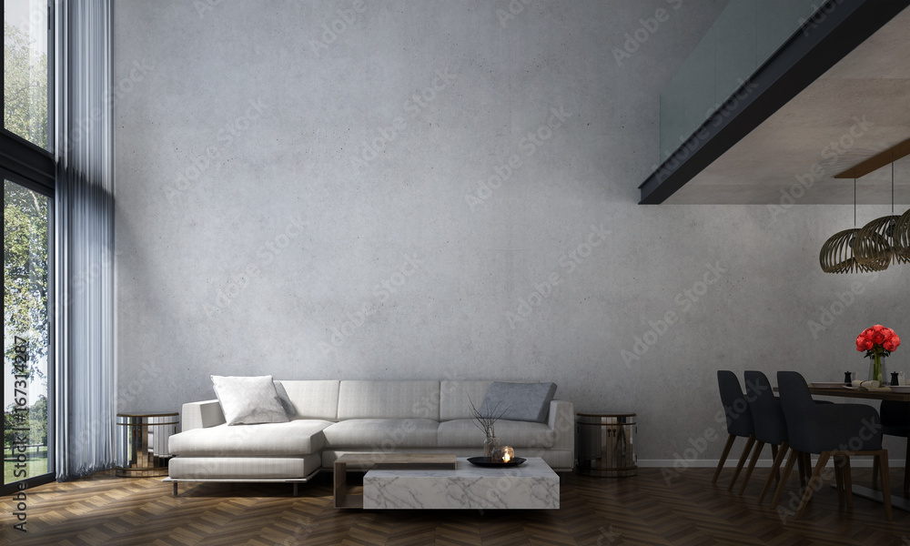 3D rendering interior design of loft living room and dining room and ...