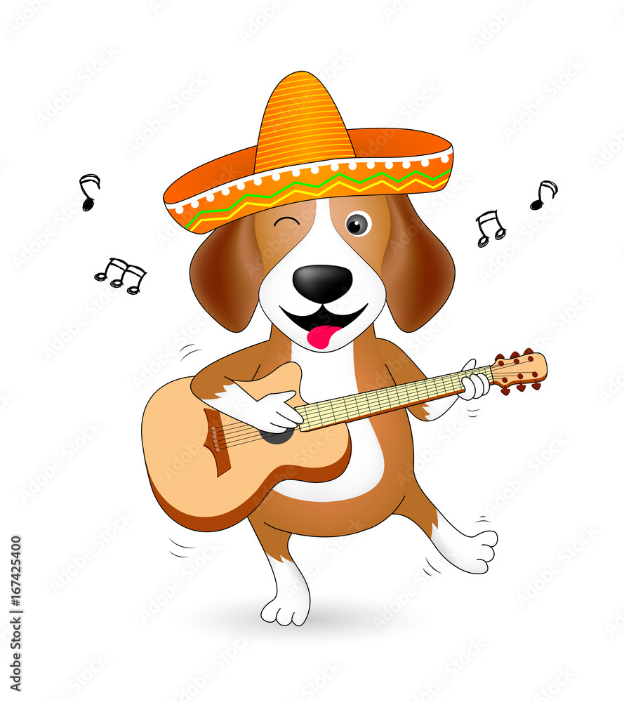 Funny cartoon dogs characters. Cute Beagle with mexican hat playing ...