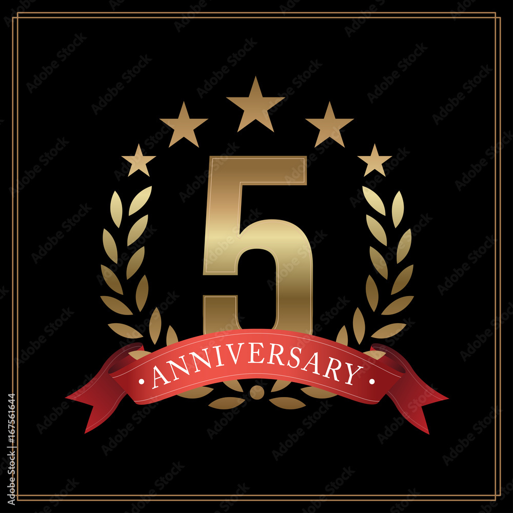 5 years golden anniversary logo, with star, red ribbon, and laurel ...