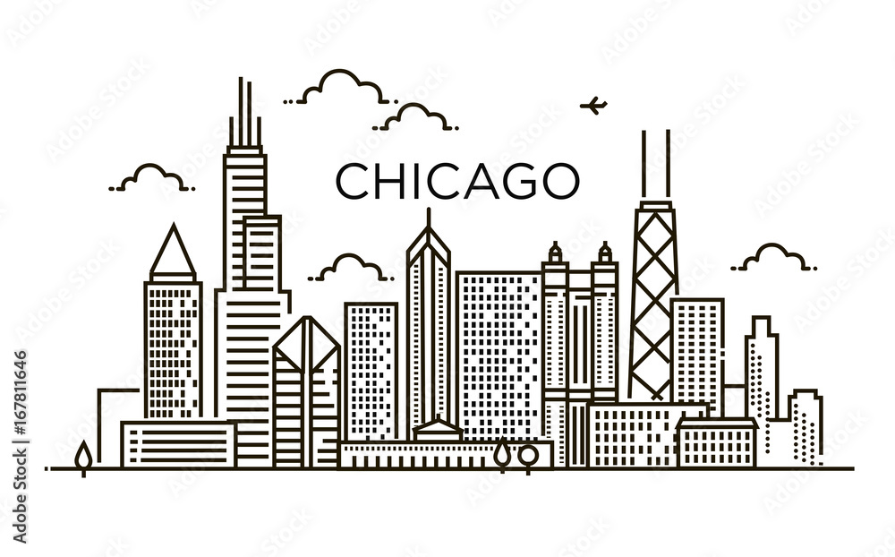 Linear banner of Chicago city. Line art. Stock Vector | Adobe Stock