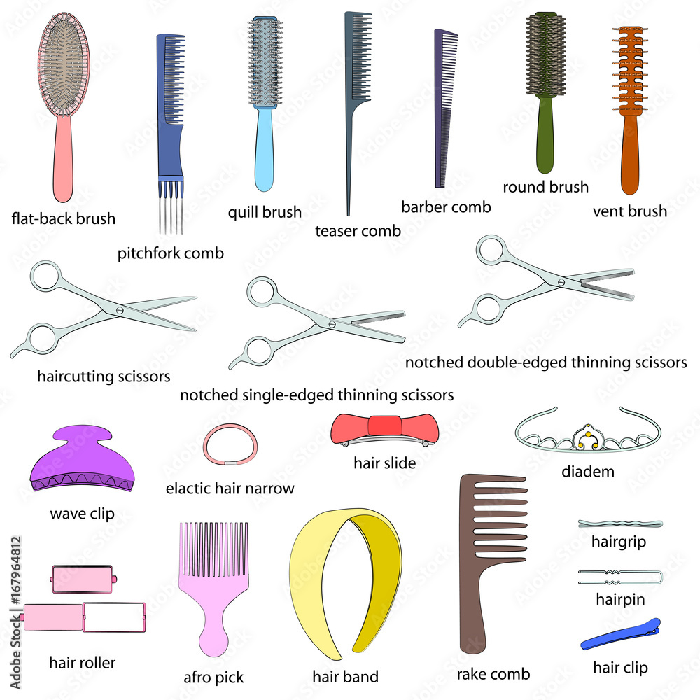 Set of hairdressing tools illustrations. White background, colored ...