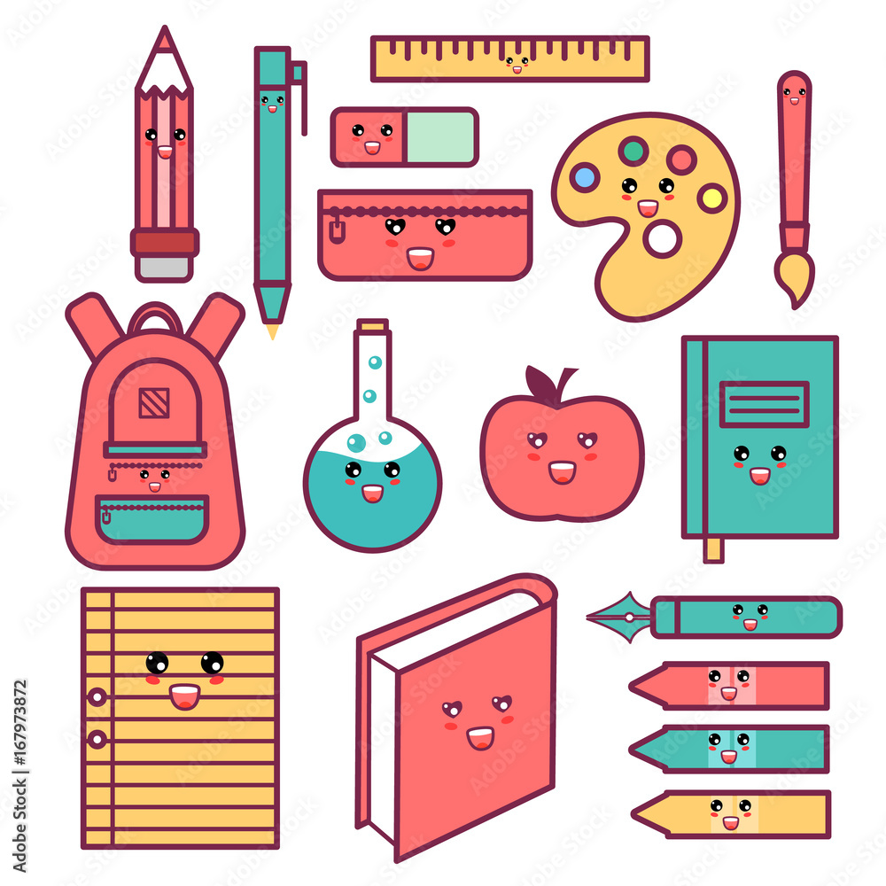 Kawaii Cute Happy School Supplies set Stock Vector | Adobe Stock