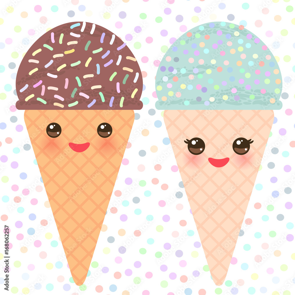 Card design with Kawaii mint chocolate Ice cream waffle cone funny ...