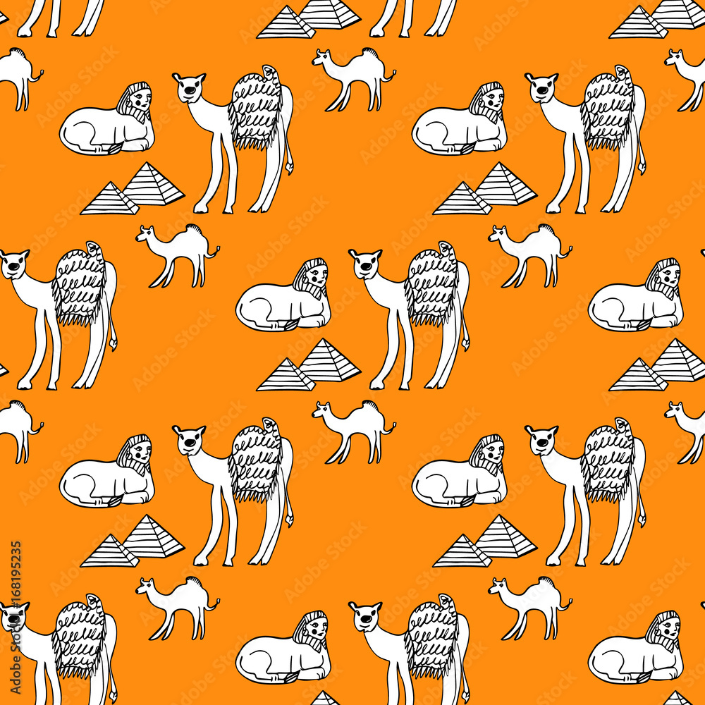 Seamless orange pattern with egyptian landmarks. Sphinx, camels ...