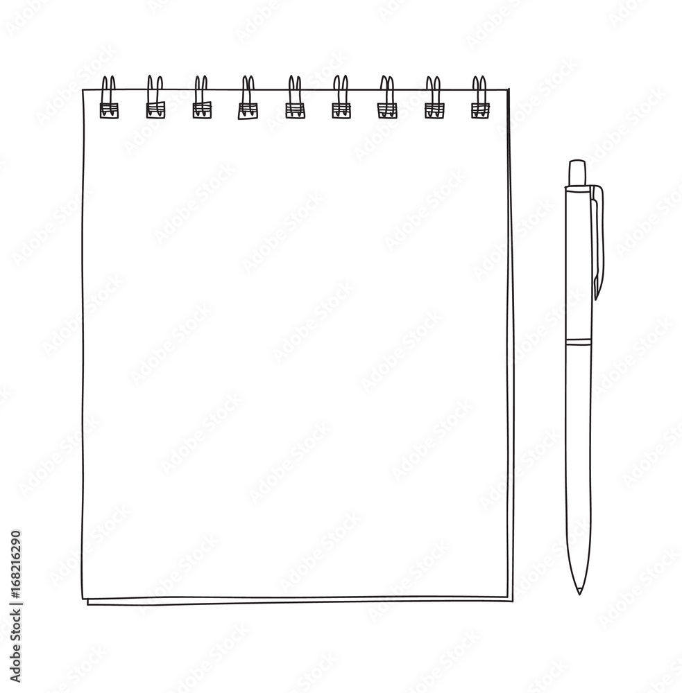 spiral notebook and ballpoint Pen hand drawn vector line art ...