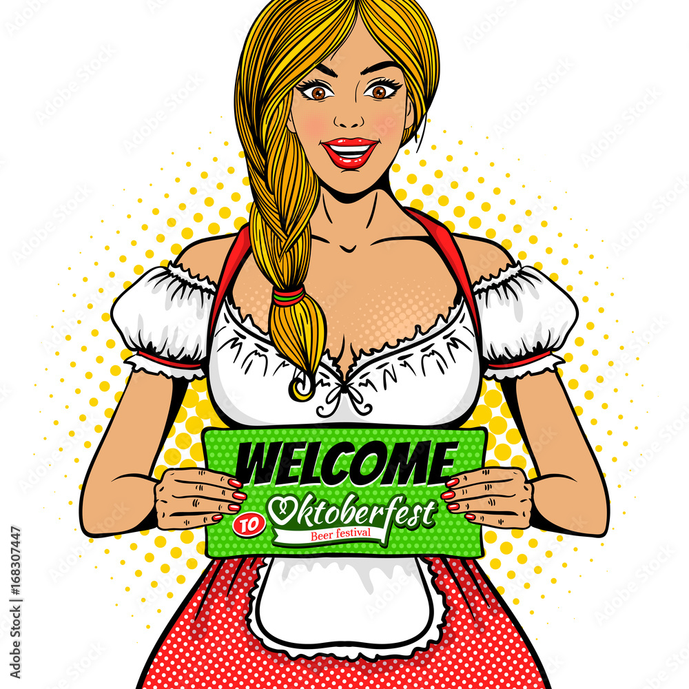 Young sexy waitress in traditional Bavarian dress holding board with ...