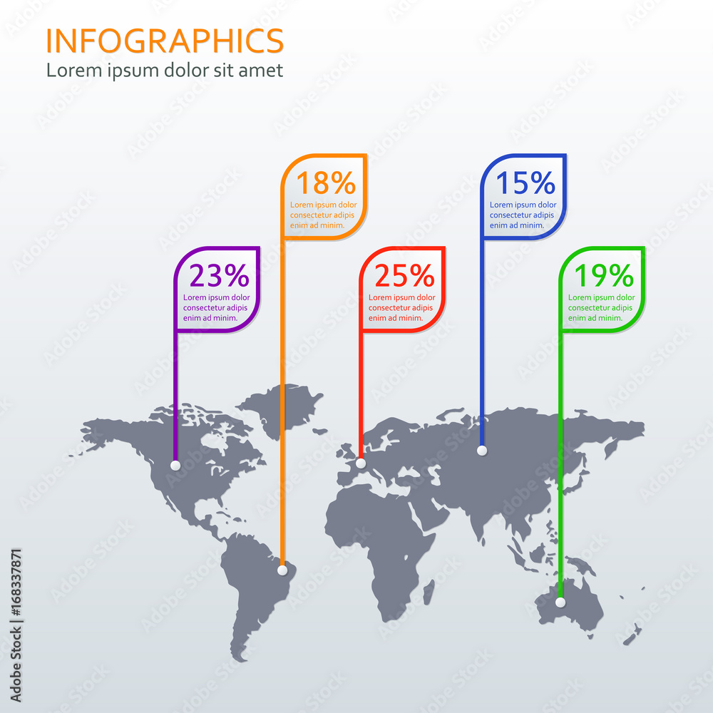 World map Infographics template with step by step percent pointers. Information and infographics ...