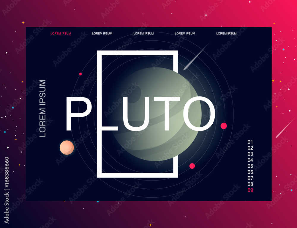 Pluto. Solar system. Colorful planet on a dark background Template for a site. Space background ...