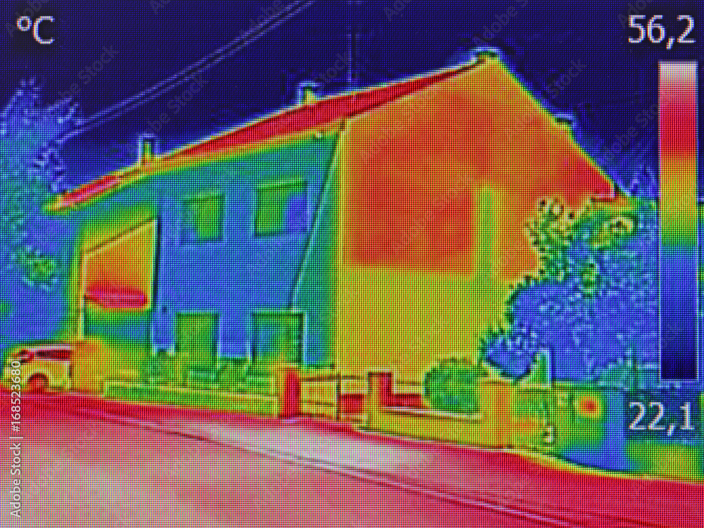 Infrared thermovision image showing lack of thermal insulation on ...