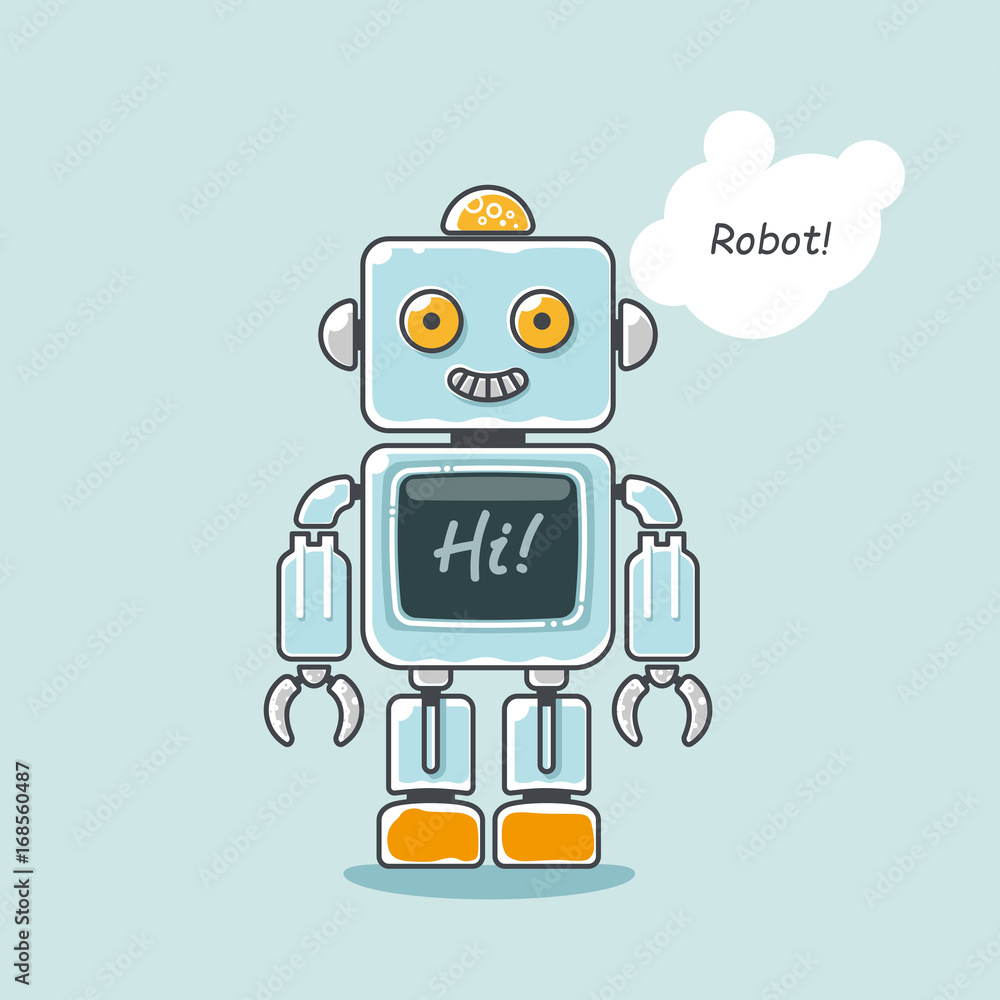 Retro robot isolated on light blue background with word "Hi!" on the ...