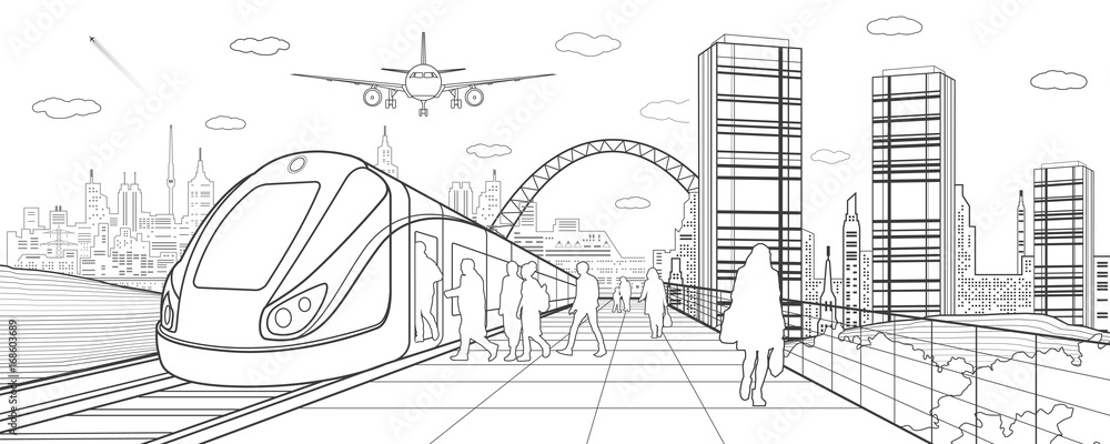 City and transport illustration. Passengers get on train, people at ...