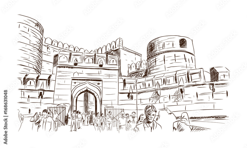 Agra fort in vector sketch illustration. Hand drawn sketch. Stock ...