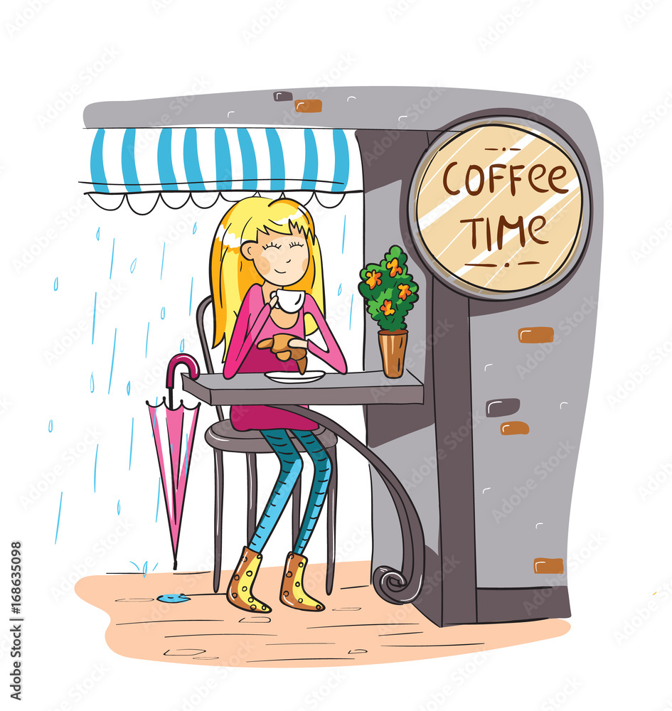 Adorable girl at cafe in cartoon style. Coffee time. Lettering design ...