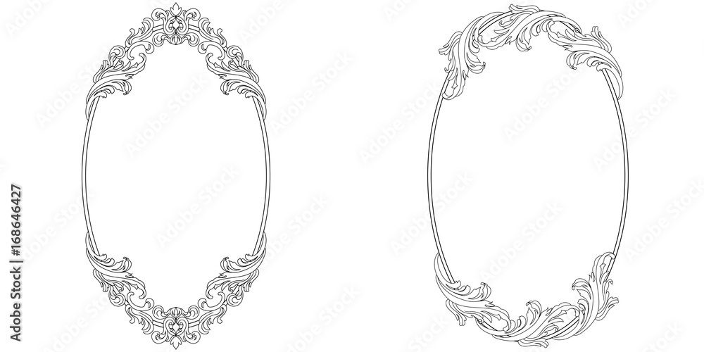 Set of oval vintage border frame engraving with retro ornament pattern ...