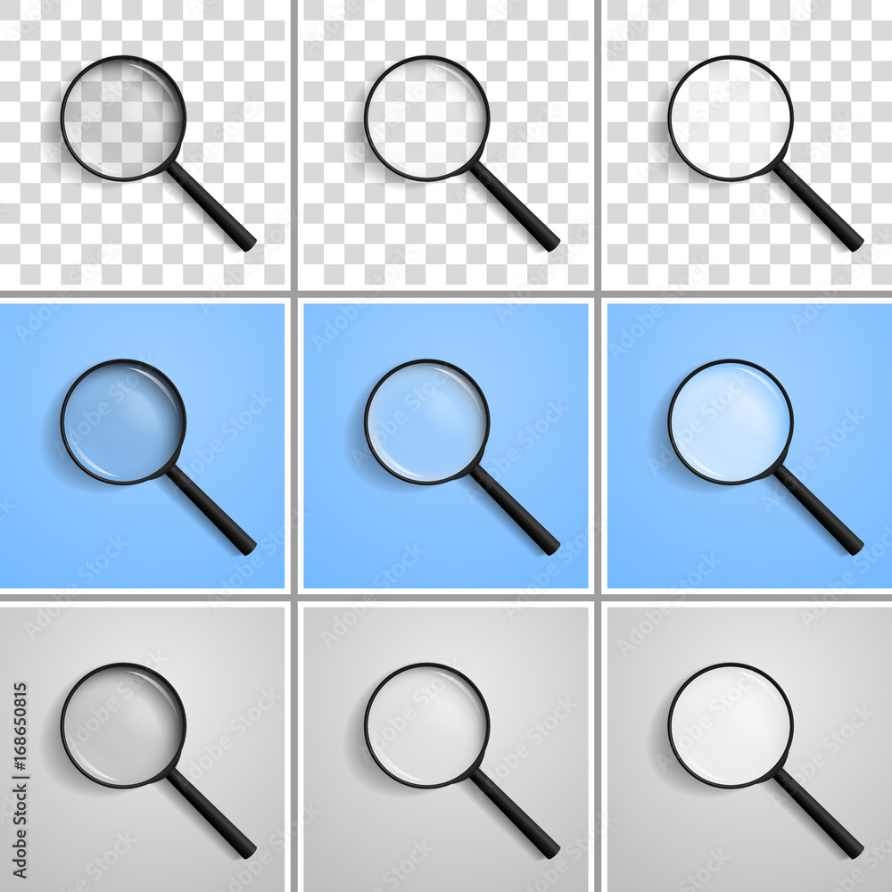 Realistic vector illustration of a magnifying glass at an angle of 45 ...