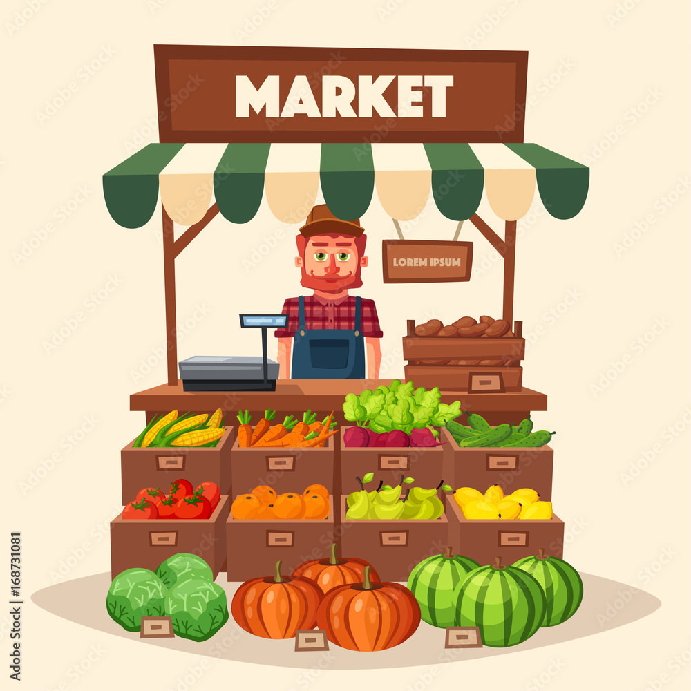 Farm shop. Local stall market. Selling vegetables. Cartoon vector ...