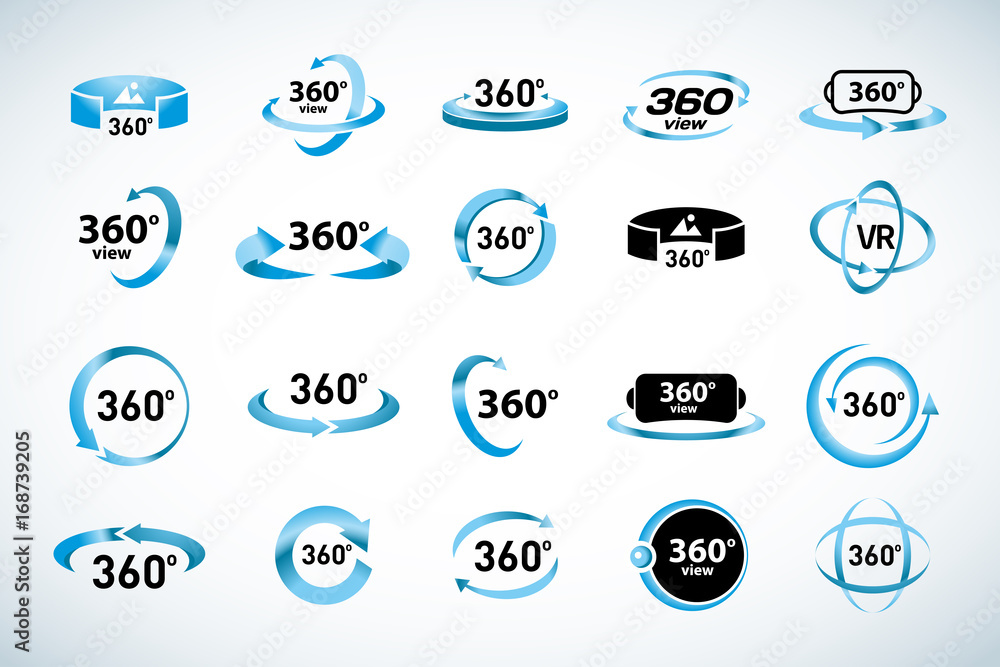 360 Degrees View Vector Icons set. Virtual reality icons. Isolated ...