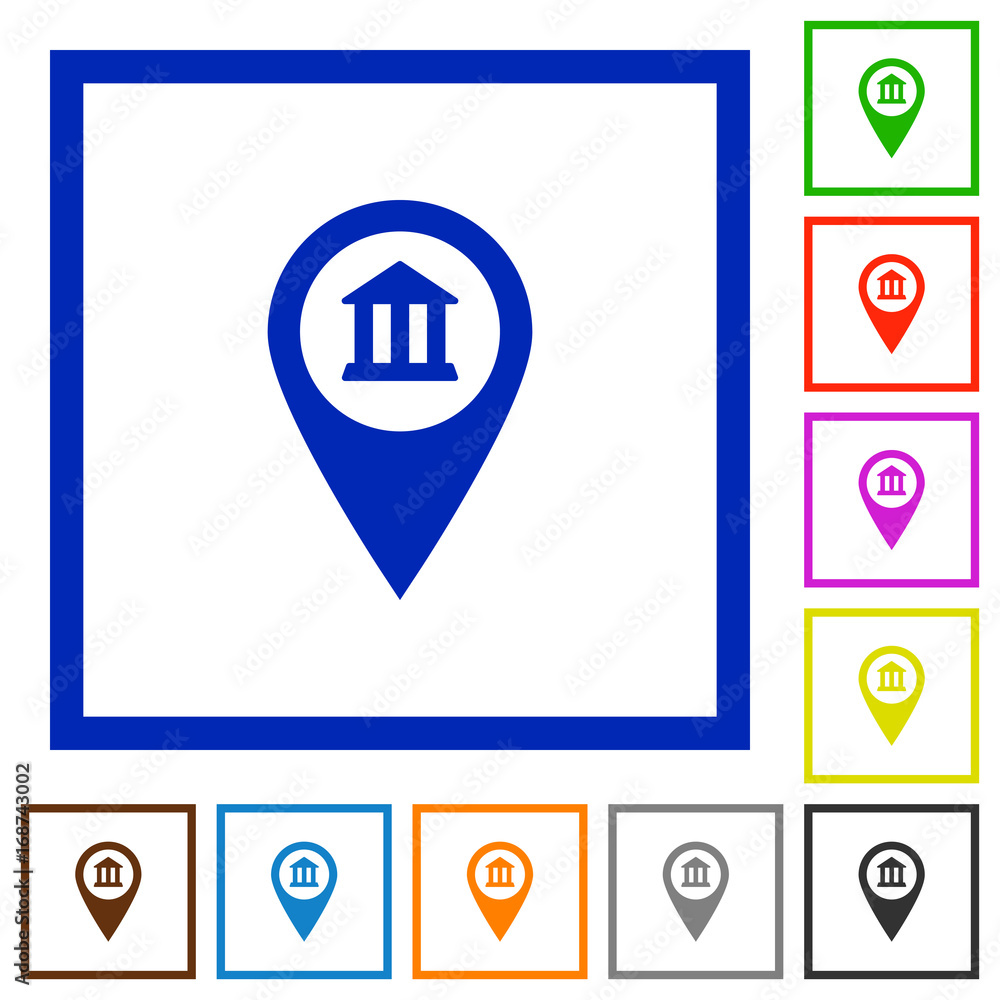 Bank office GPS map location flat framed icons Stock Vector | Adobe Stock