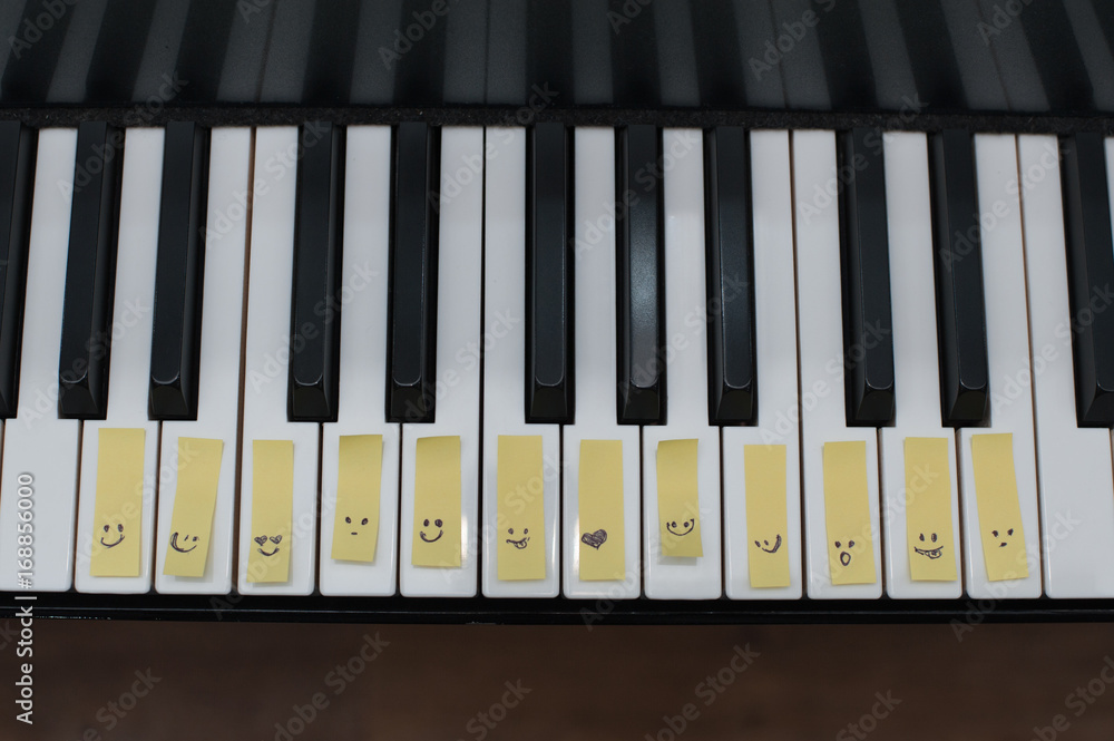 Keyboard synthesizer close-up with emoji smileys, piano keys Stock ...