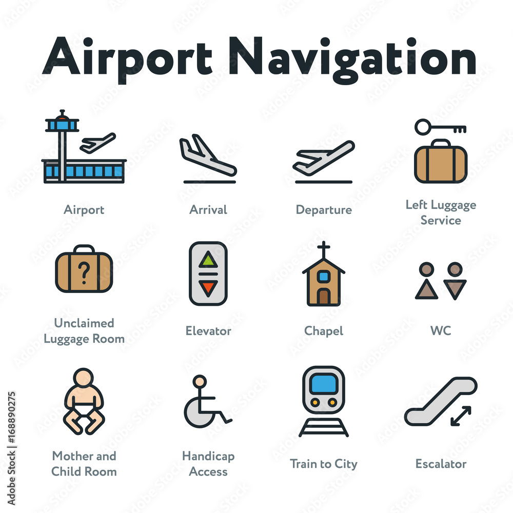 Airport Navigation Wayfinding Minimal Color Flat Line Outline Stroke ...