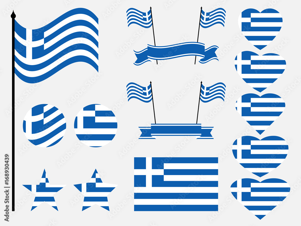 Greece flag set. Collection of symbols, flag in heart. Button and star ...