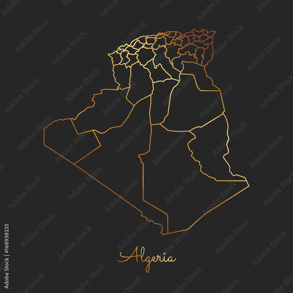 Algeria region map: golden gradient outline on dark background ...