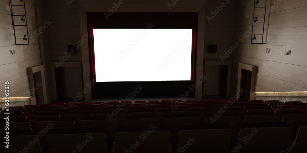 Cinema hall interior with rows of seats and blank white screen. Mock up ...