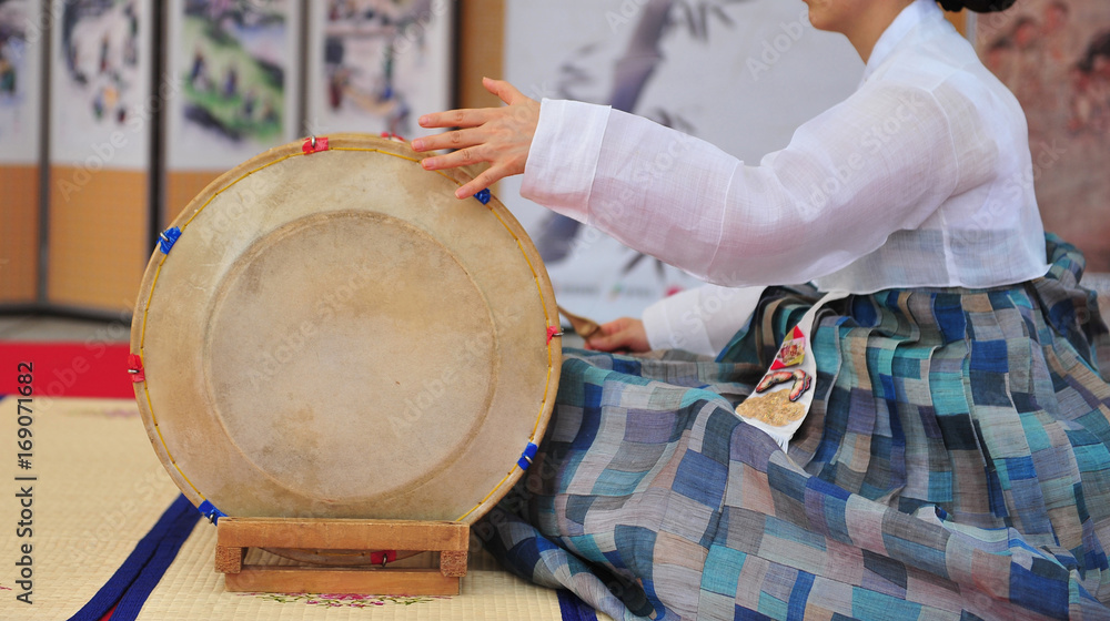 Korean traditional musical instruments Janggu, double-headed drum with ...