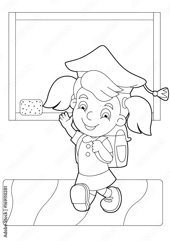 cartoon school scene with girl near the blackboard in the school ...