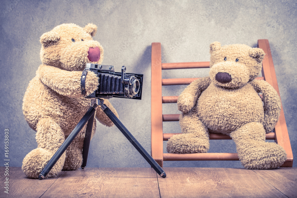 Teddy Bear toy photographer with old retro outdated film camera making ...